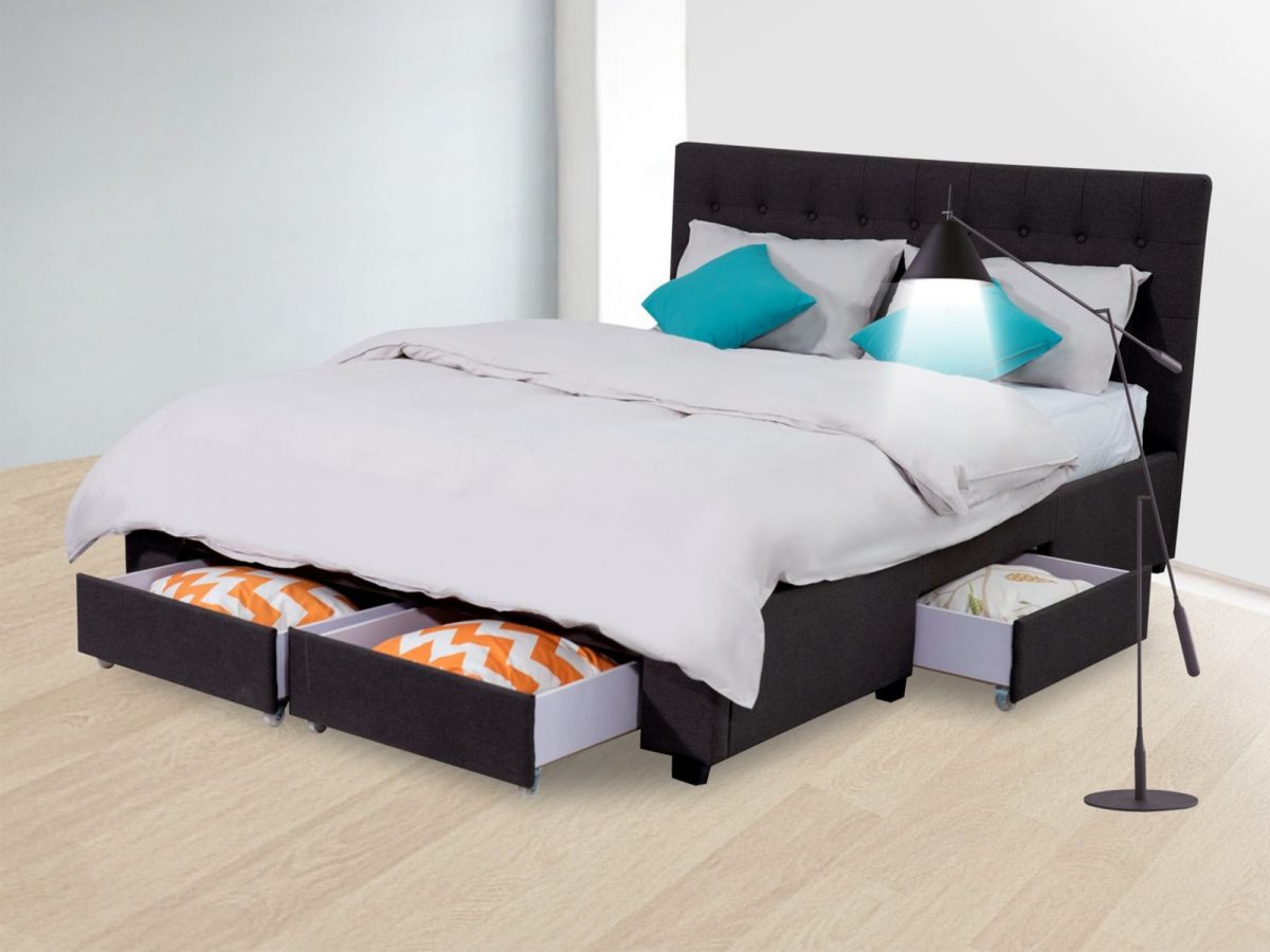 Queen Maria Fabric Bed Frame Base with Storage Drawer-Charcoal - Dreamo ...