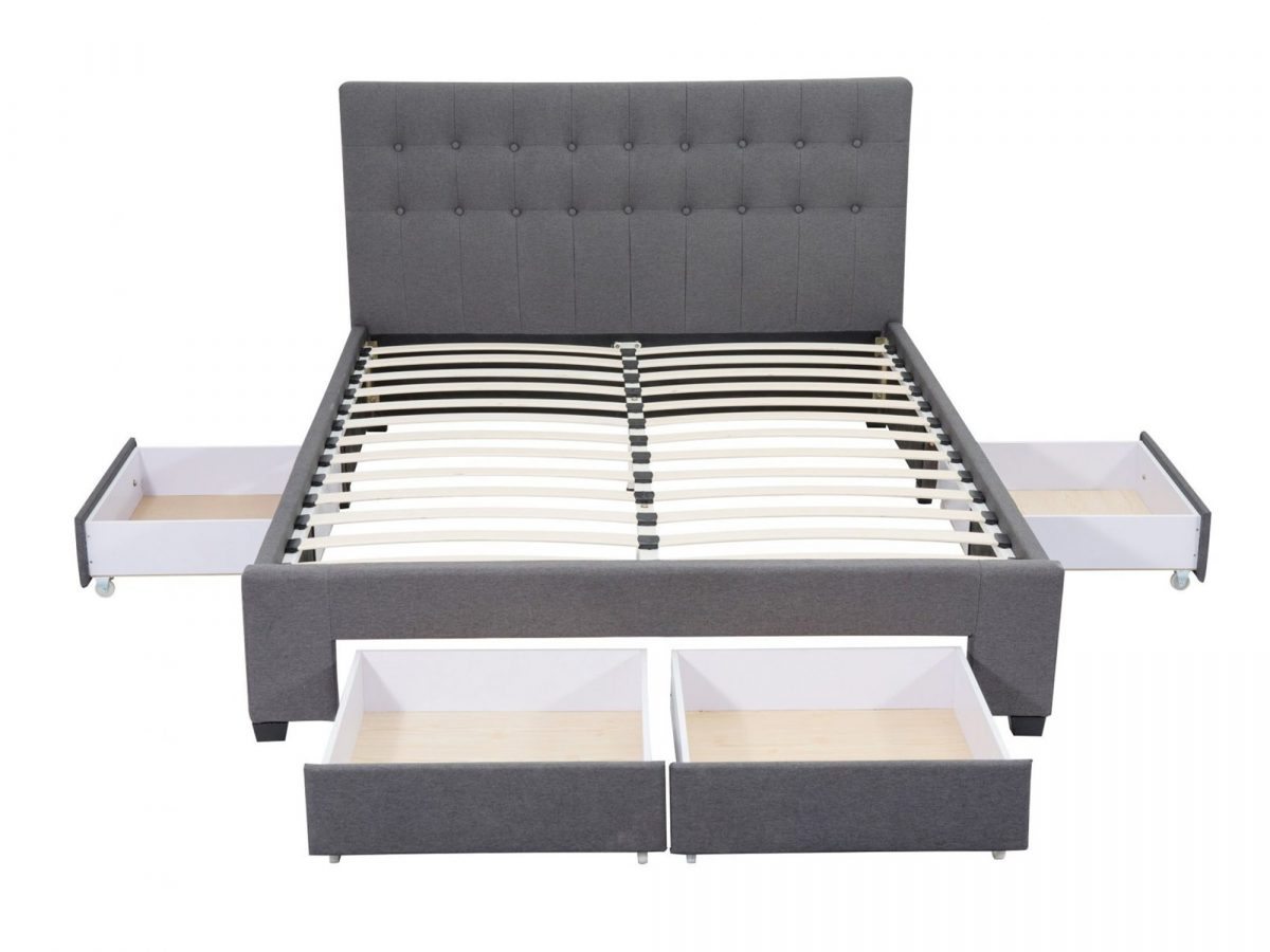 Queen Maria Fabric Bed Frame Base with Storage Drawer-Light Grey ...