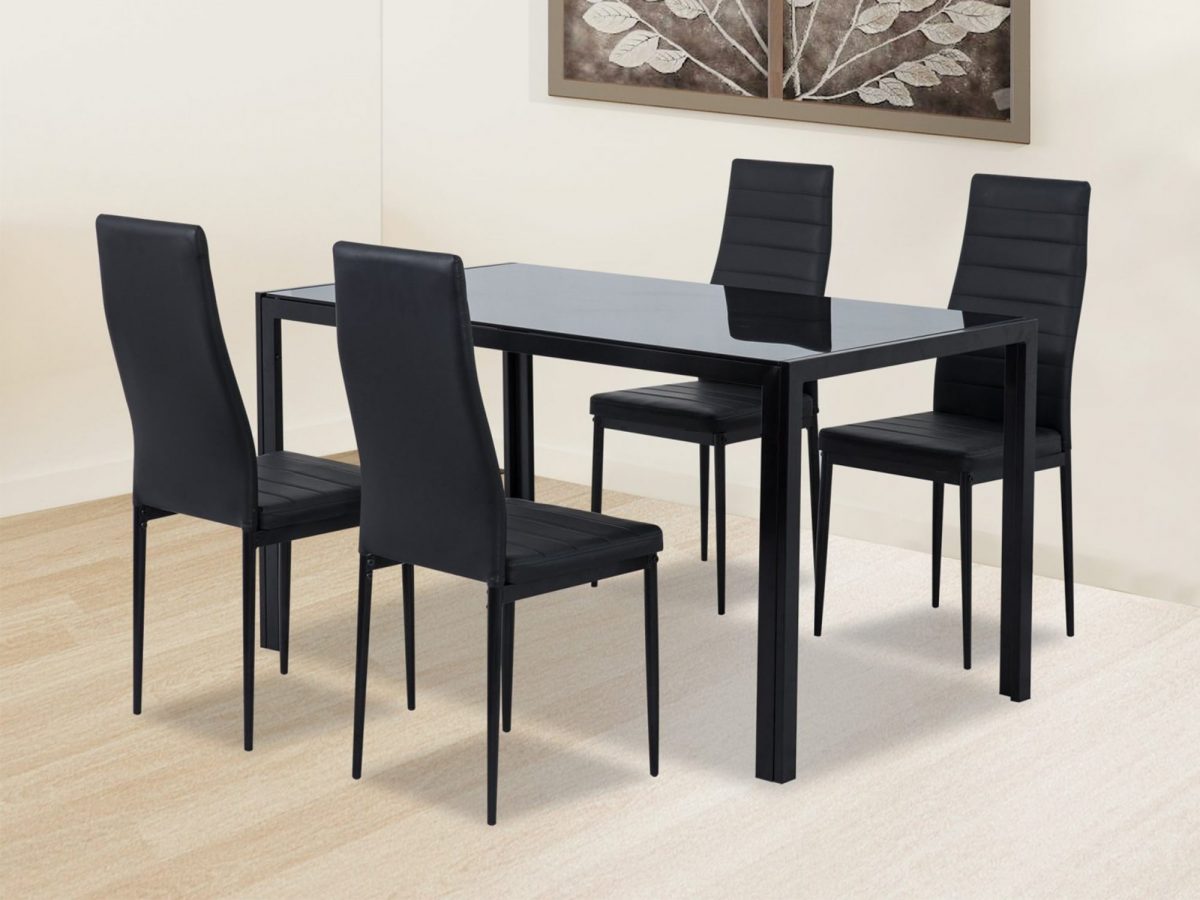 5PC Indoor Dining Table and Chairs Dinner Set Glass Leather Kitchen ...