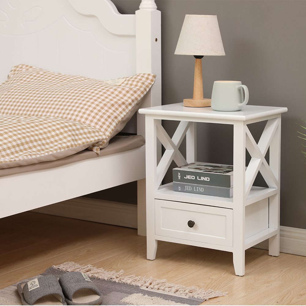 2-tier Bedside Table with Storage Drawer 2 PC - Rustic White - Dreamo ...