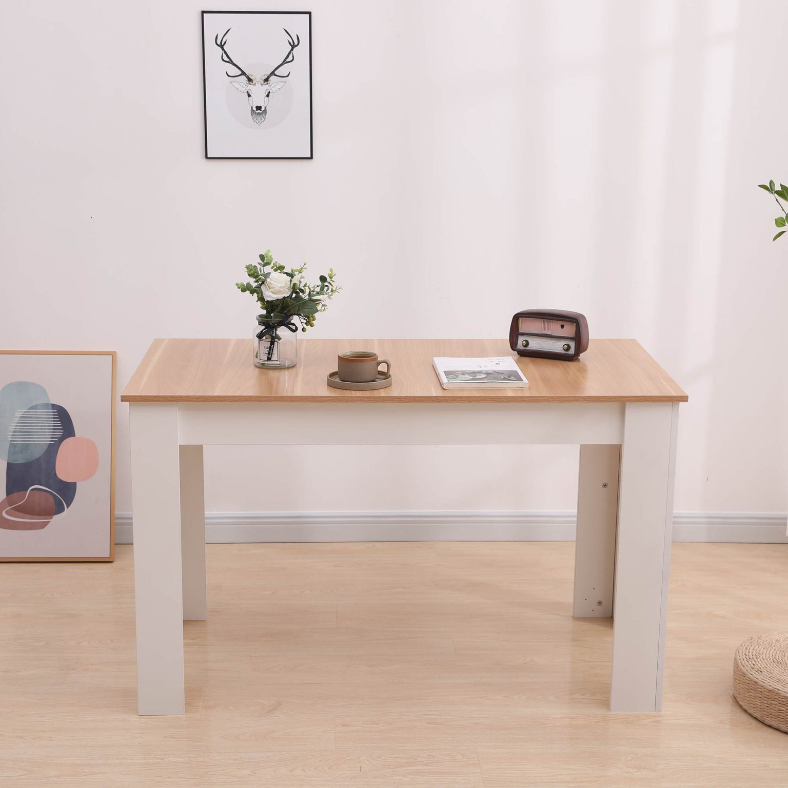 Natural Rectangular Dining Table with 4x Blue Velvet Chairs - Dreamo Living