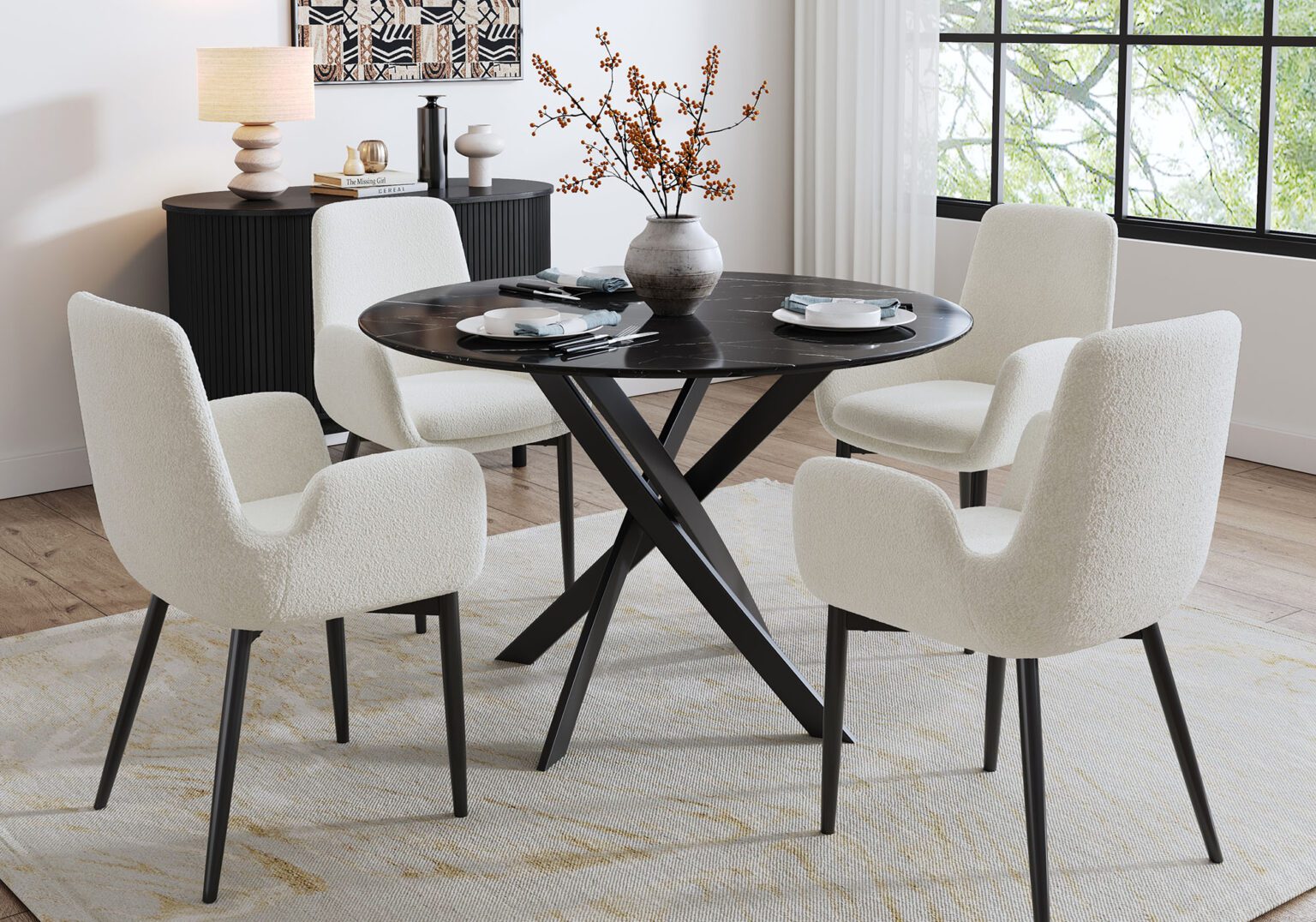Modern Marble Round Dining Set with Sherpa Chairs - Dreamo Living