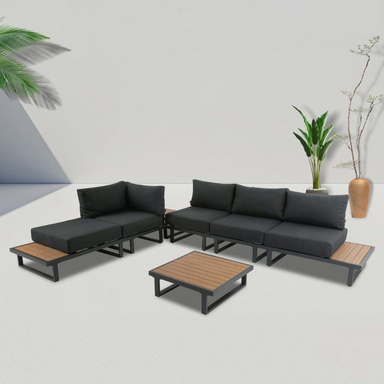 Modern Outdoor 7 Piece Lounge Set with Slatted Polywood Design Tables ...
