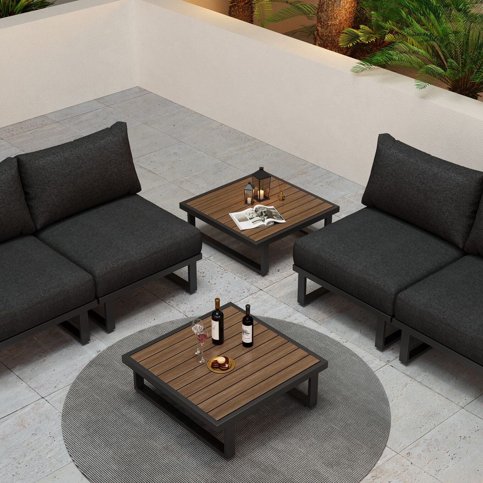 Modern Outdoor 7 Piece Lounge Set with Slatted Polywood Design Tables ...