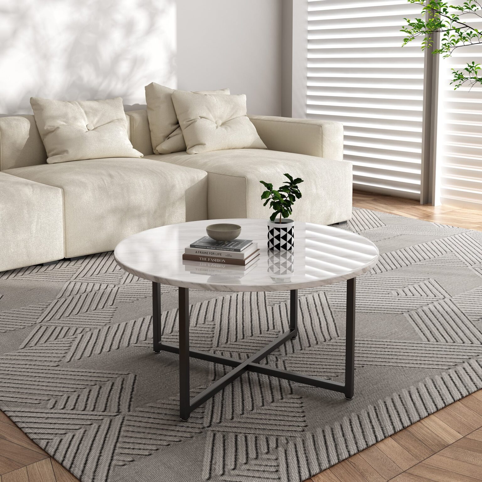 White Marble Effect Round Coffee Table with Black Legs - Dreamo Living