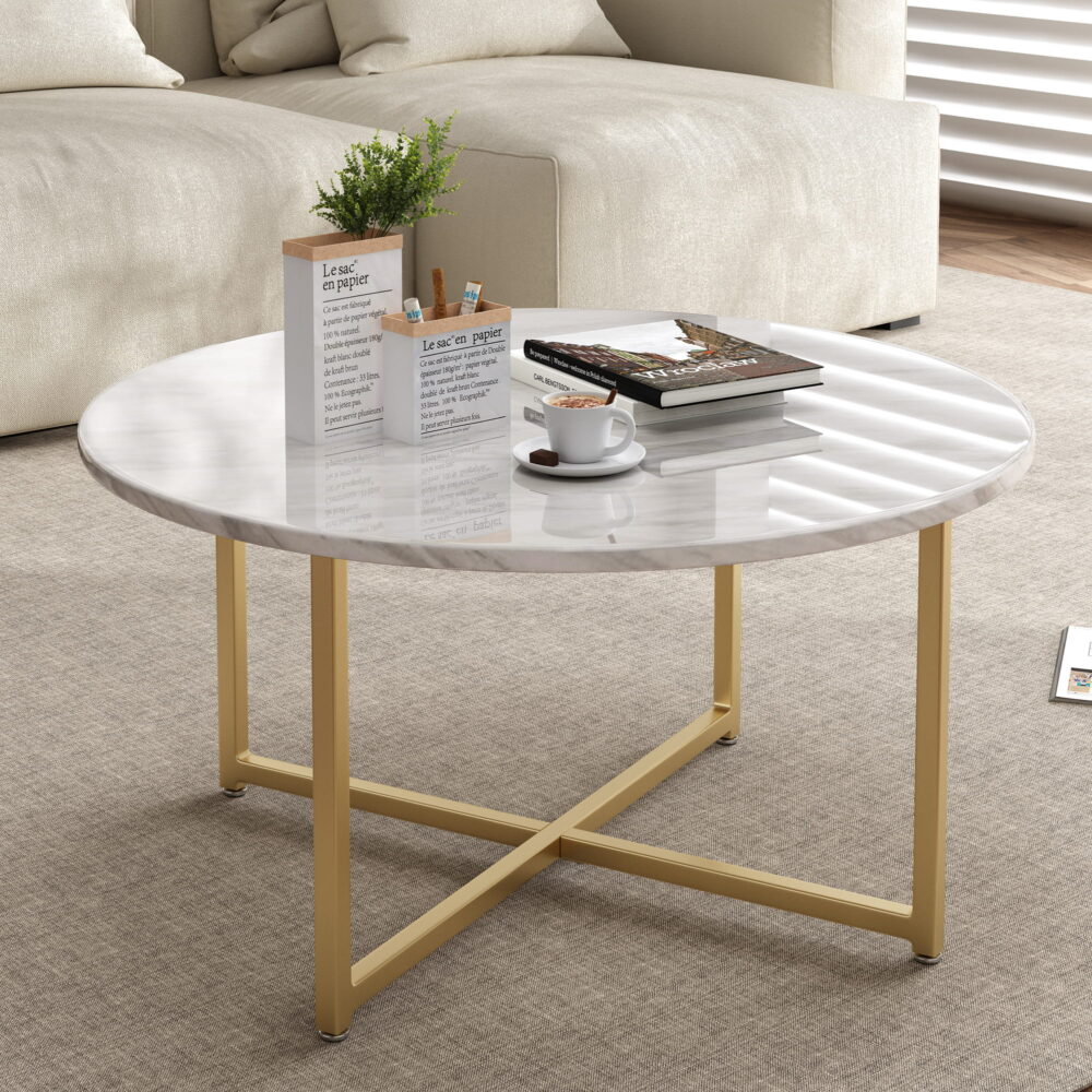 White Marble Effect Round Coffee Table with Gold Legs - Dreamo Living