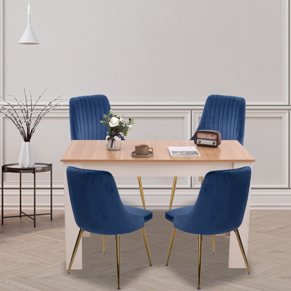 Natural Rectangular Dining Table with 4x Blue Velvet Chairs - Dreamo Living