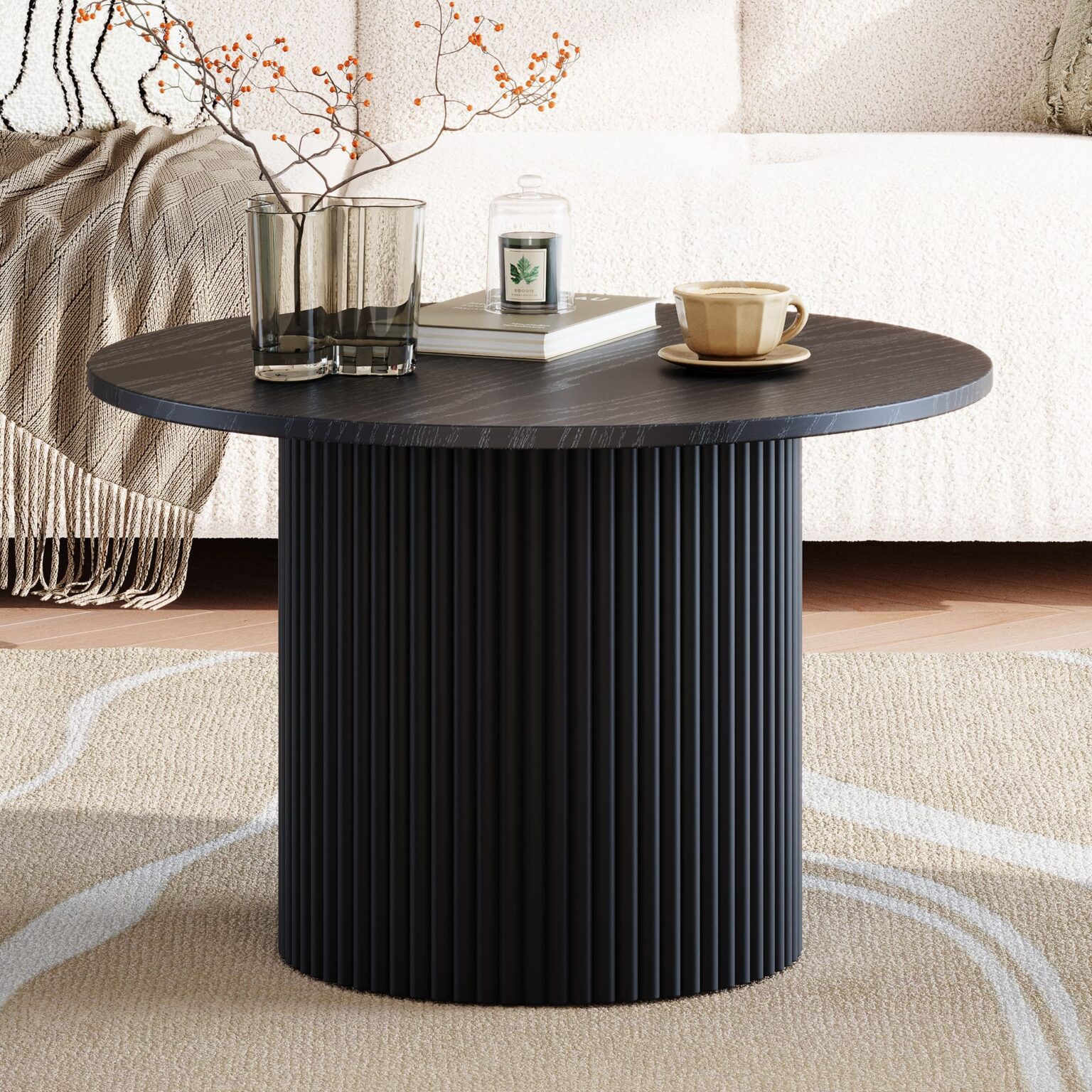 Luxe Black Ribbed Texture Wooden Coffee Table - Dreamo Living