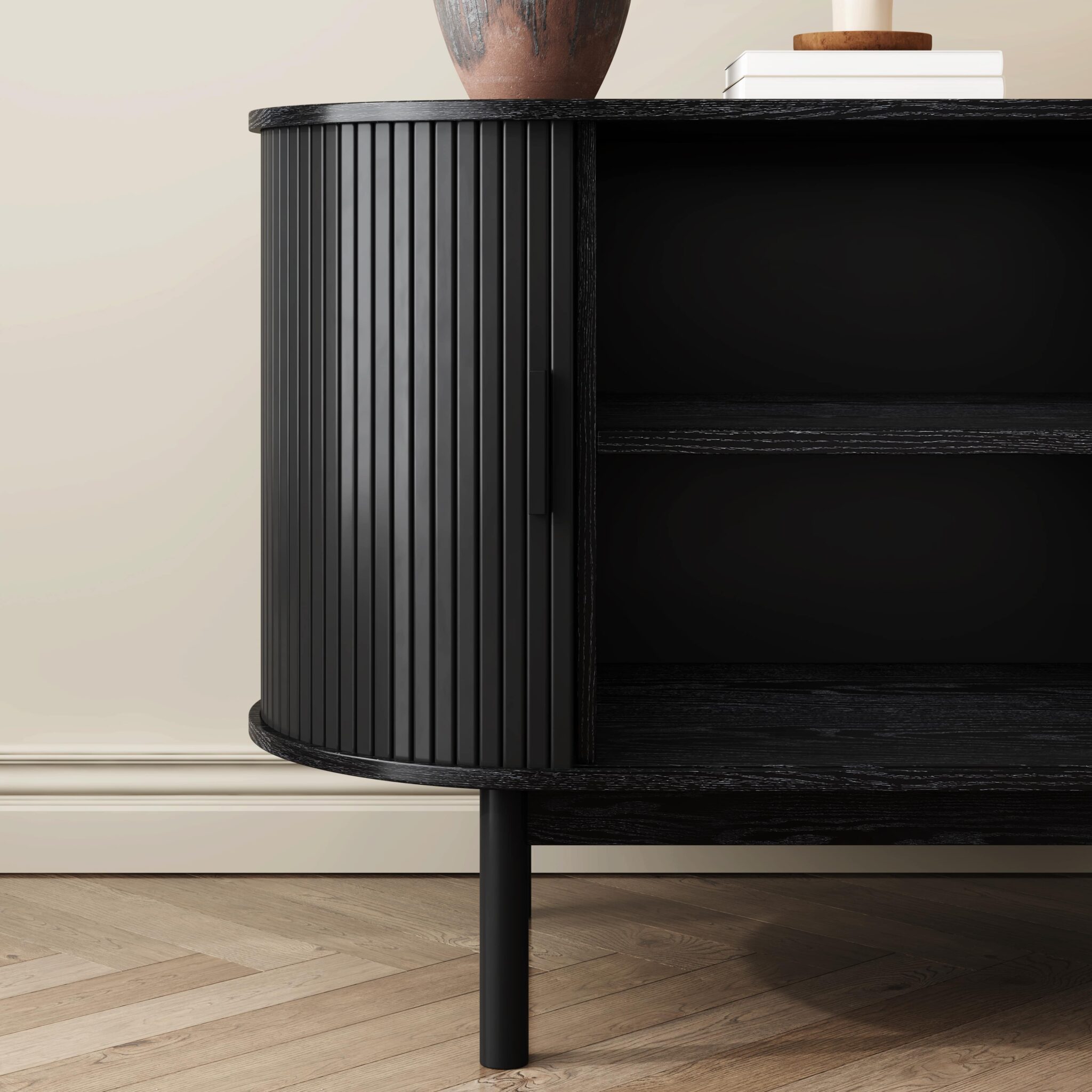 Mid-Century Black Ribbed Sideboard Cabinet - Dreamo Living