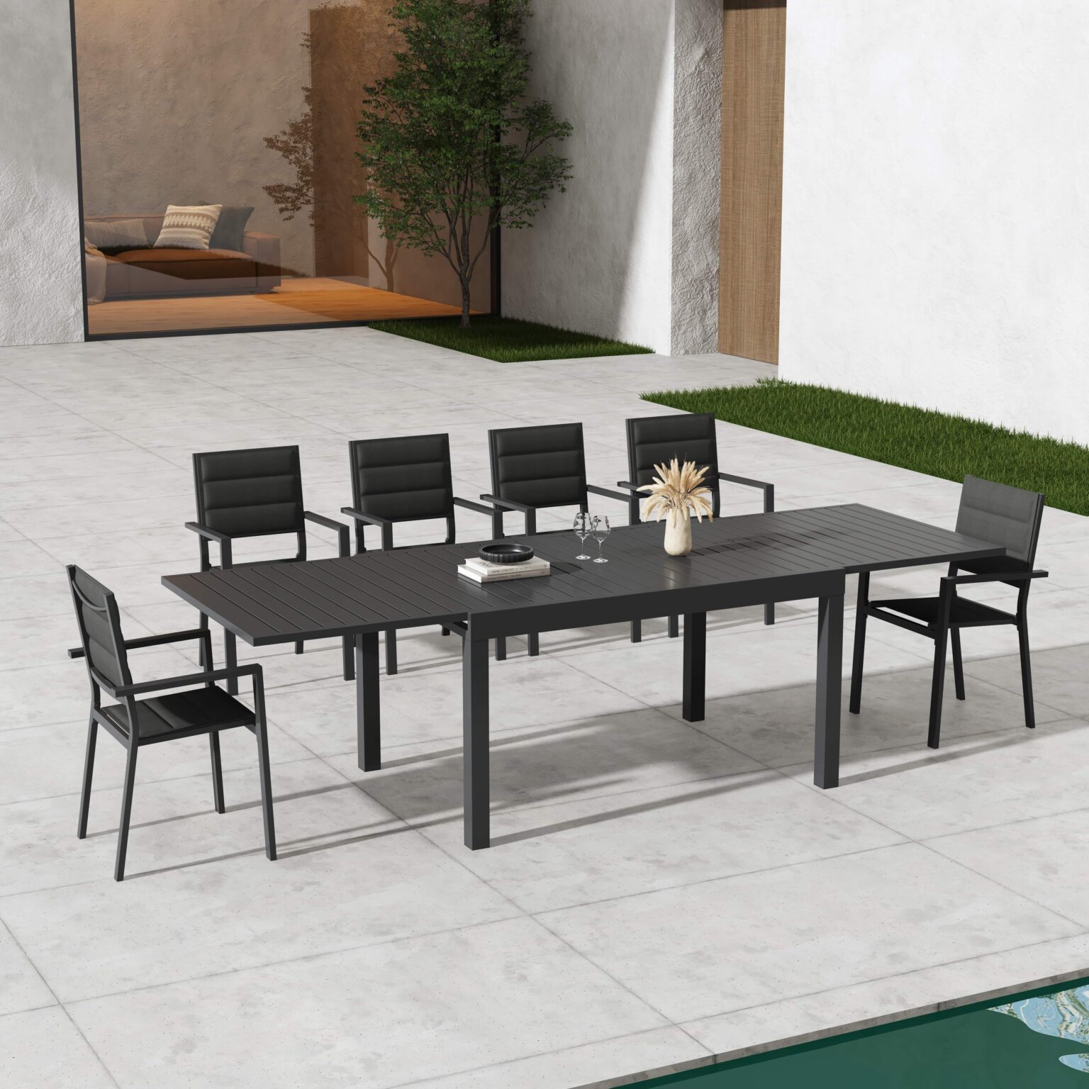 Charcoal Adjustable Aluminium Garden Dining Table with Slats - Dreamo ...